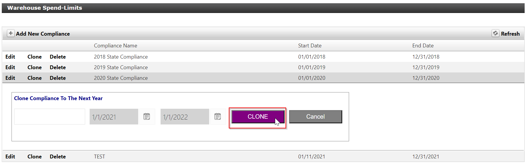 How to clone a compliance budget? – POS Warehouse Support